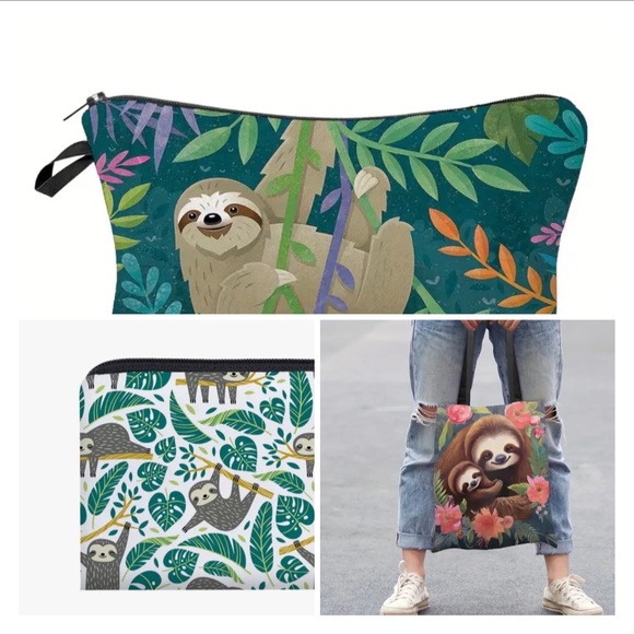 Bags | Sloth Bag Bundle Tote Bag Makeup Case Coin Purse All New In ...